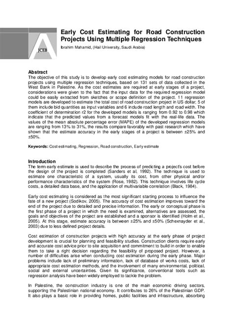 Pdf Early Cost Estimating For Road Construction Projects Using Multiple Regression Techniques