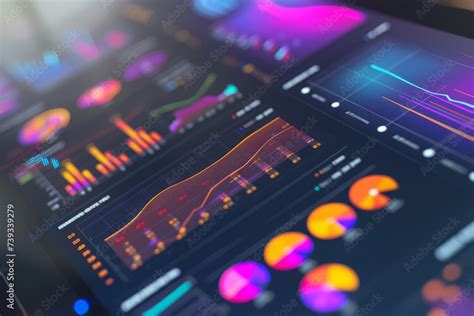 high resolution close up of a colorful data analytics dashboard with various graphs and metrics