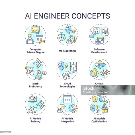 editable thin line icon set representing ai engineer stock illustration