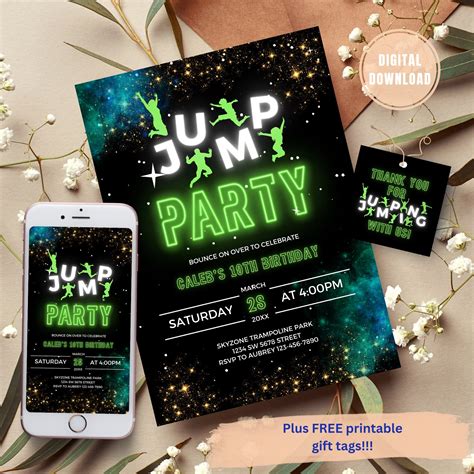 Trampoline Park Birthday Invitation Glow Jump Party Editable Digital