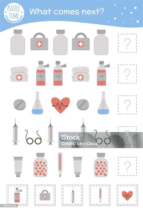 다음에 오는 것 의학 기호와 미취학 아동을위한 의료 매칭 활동 아이들을위한 재미있는 건강 관리 게임 논리 퀴즈 워크 시트 행을 계속합니다 0명에 대한 스톡 벡터 아트 및