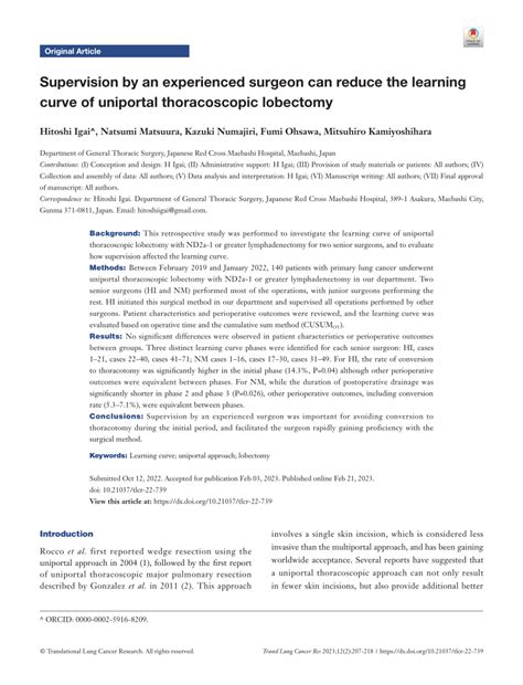 Pdf Supervision By An Experienced Surgeon Can Reduce The Learning Curve Of Uniportal