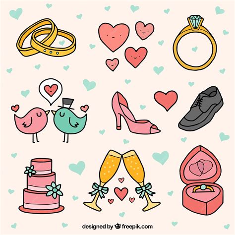 Premium Vector Selection Of Cute Wedding Objects In Hand Drawn Style