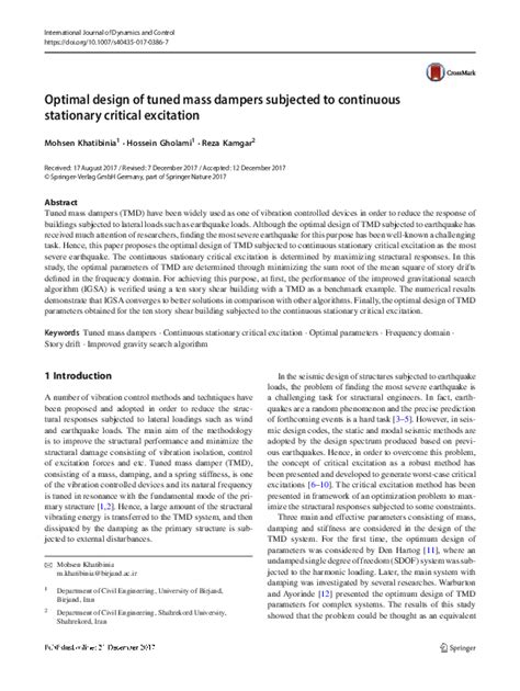 Pdf Optimal Design Of Tuned Mass Dampers Subjected To Continuous