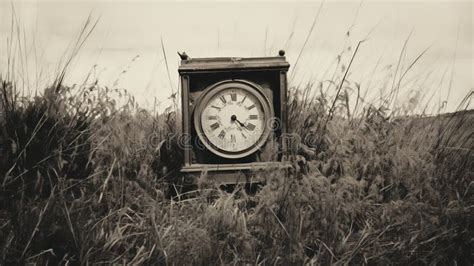 Vintage Black And White Photo Old Clock In Tall Grass Stock