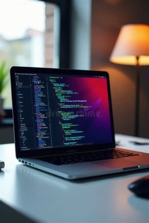 sleek laptop displays lines of code on a clean desk coding machine