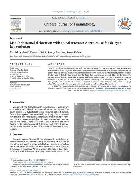 Pdf Manubriosternal Dislocation With Spinal Fracture A Rare Cause For Delayed Haemothorax