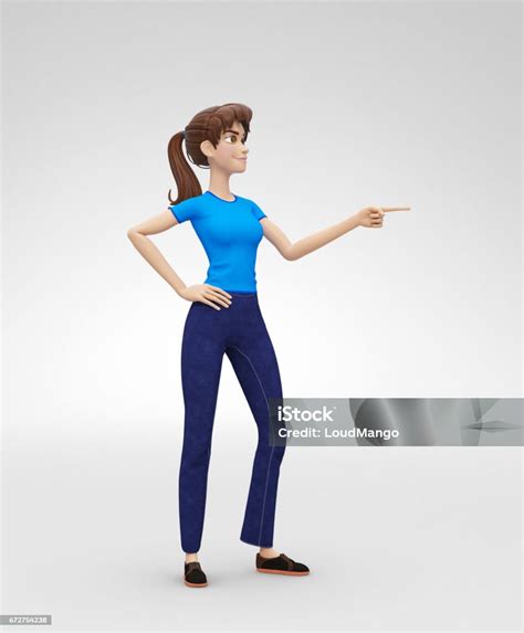 스포트 라이트 흰색 배경에 고립 웃 고 명랑 쾌활 제니3d 만화 여성 캐릭터 모델포인트 캐주얼 옷 기발한 생각을 잘 3차원 형태에 대한 스톡 벡터 아트 및 기타 이미지