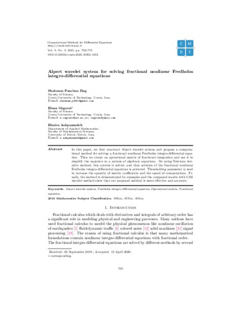 Pdf Alpert Wavelet System For Solving Fractional Nonlinear Fredholm Integro Differential Equations