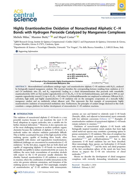 Pdf Highly Enantioselective Oxidation Of Nonactivated Aliphatic Ch Bonds With Hydrogen
