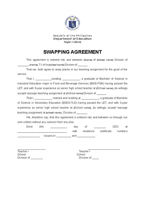 Swapping Agreement Swapping Agreement In Deped R E P U B L I C O F T H E P H I L I P P I N E