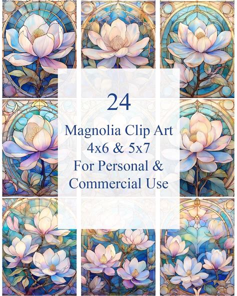 Beautiful Magnolia Flowers Clip Art In Watercolor Stained Glass And