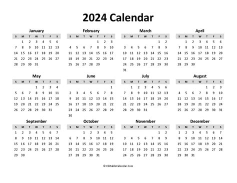 2024 Word Calendar Printable Free Word Template