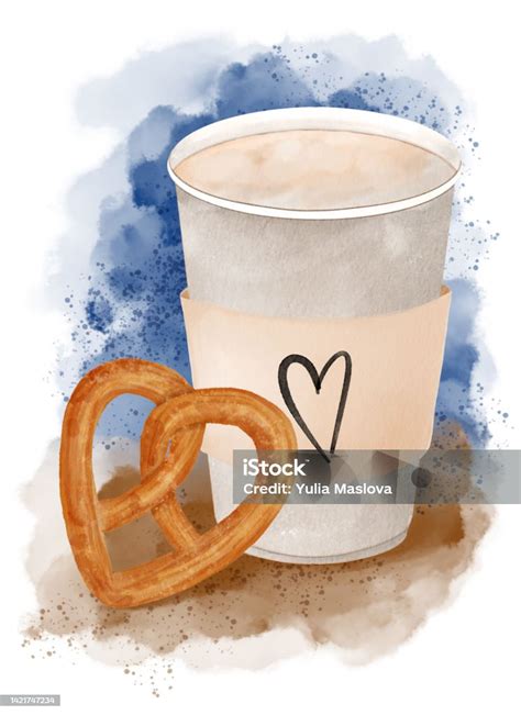 커피 한 잔과 수채화 배경에 롤빵 엽서 카드 명함을위한 디자인 수채화 스타일의 고립 된 그림 달콤한 음식에 대한 스톡 벡터 아트