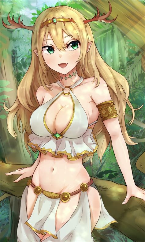 Rule 34 Antlers Blonde Female Blonde Hair Elf Ears Epon Clef Forest Background Green Eyes