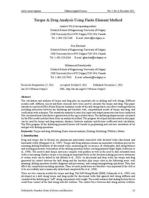 Torque Drag Analysis Using Finite Element Method Pdf Finite Element Method Rotation Around