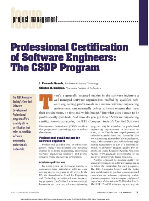 Pdf Professional Certification Of Software Engineers The Csdp Program