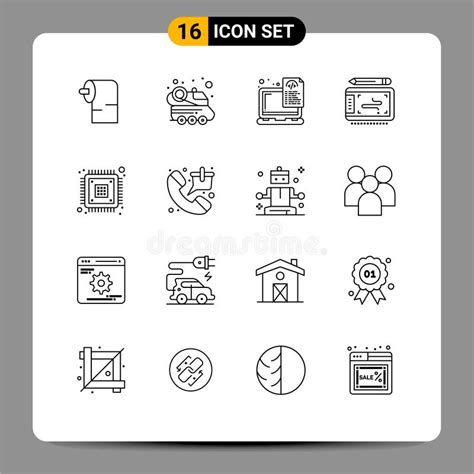 Group Of 16 Modern Outlines Set For Data Wacom Document Tablet Art Stock Illustration