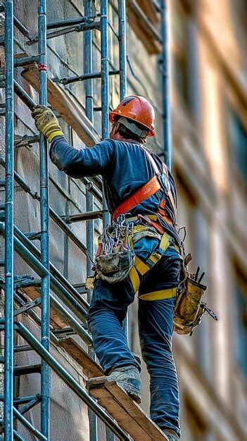 Construction Worker Assembling Scaffolding On Building Exterior