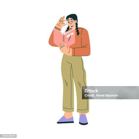 사업 개념 와 여자 캐릭터 에서 안경 서 있는 와 책 벡터 일러스트 개념에 대한 스톡 벡터 아트 및 기타 이미지 개념 개발