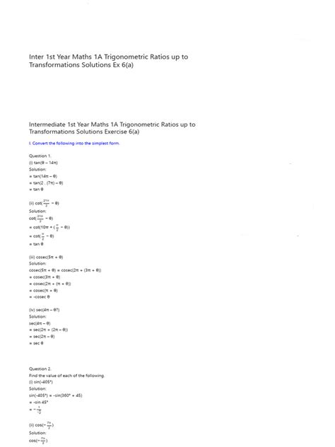 Inter 1st Year Maths 1a Trigonometric Ratios Up To Transformations Solutions Ex 6 A Pdf