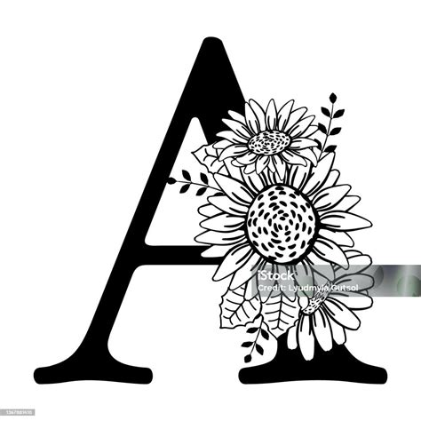 꽃다발과 자본 문자 A 해바라기와 모노그램 A 손으로 그린 이름 로고 패밀리 로고타입 티셔츠 프린트 이름 텀블러 흰색 배경에 격리 된 꽃 벡터 그림입니다 검은색에 대한 스톡