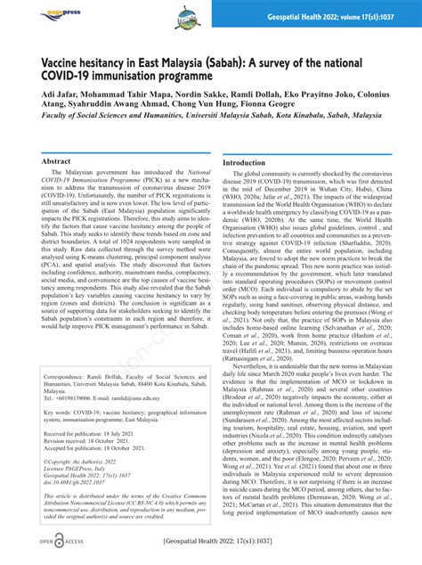 Pdf Vaccine Hesitancy In East Malaysia Sabah A Survey Of The