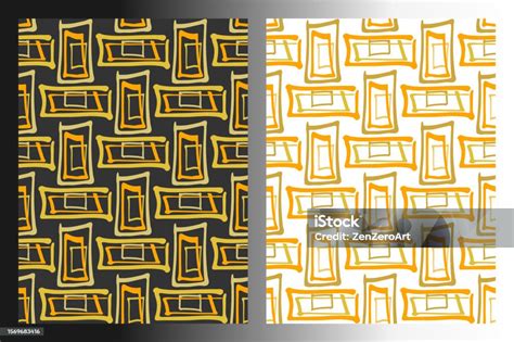 기하학적 직사각형 모양 이음매 없는 패턴 2개 세트 손으로 그린 잉크 페인트 브러시 라인 낙서 만화 스타일 옐로우 골드 오렌지 색상 팔레트 흰색 또는 검은색 배경입니다 벡터