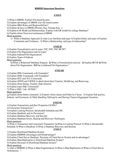 Rdbms Theory IMP Questions RDBMS Important Questions UNIT I What Is DBMS Explain File Based
