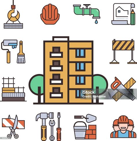 건설 벡터 선형 아이콘 유니버설 건물 요소 및 작업자 장비 평면 산업 도구 그림 건설 산업에 대한 스톡 벡터 아트 및 기타 이미지 건설 산업 날씬한 아이콘 Istock