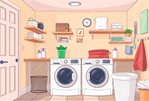 Cartoon Illustration Of A Laundry Room With A Washer And Dryer