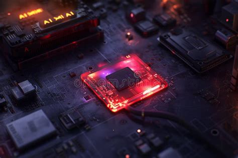 Ai Glowing Microchip Red Neon Circuitry Advanced Electronic Design