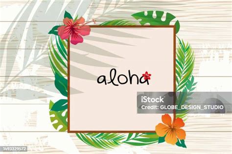 평범한 나무 배경과 히비스커스와 야자수 잎 장식이 있는 열대 여름 이미지의 그림입니다 야자수 잎의 인상적인 그늘입니다 0명에 대한 스톡 벡터 아트 및 기타 이미지 Istock