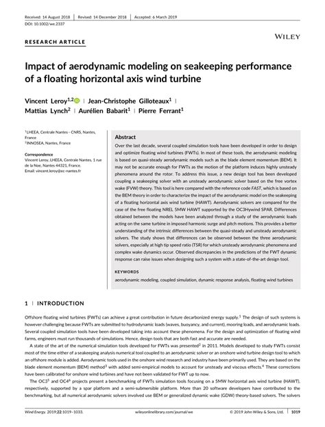 Pdf Impact Of Aerodynamic Modeling On Seakeeping Performance Of A Floating Horizontal Axis