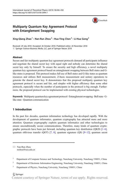 Multiparty Quantum Key Agreement Protocol With Entanglement Swapping Request Pdf