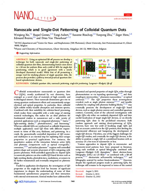 Pdf Nanoscale And Single Dot Patterning Of Colloidal Quantum Dots