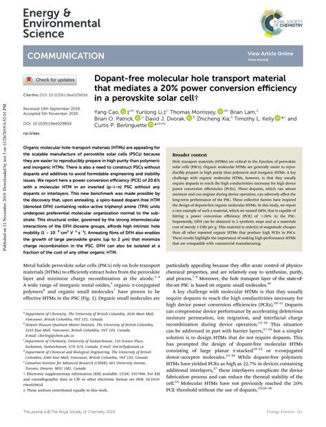 Pdf Dopant Free Molecular Hole Transport Material That Mediates A 20