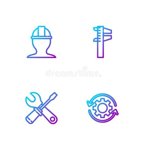 Set Line Gear And Arrows As Workflow Screwdriver Wrench Spanner Worker Safety Helmet And