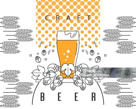맥주 유리 홉과 밀 양조 재료와 맥주 공예 양조장 술집 바 레스토랑에 대 한 그림 리본 벡터 개념입니다 현대적인 선 스타일 개념에 대한 스톡 벡터 아트 및 기타 이미지