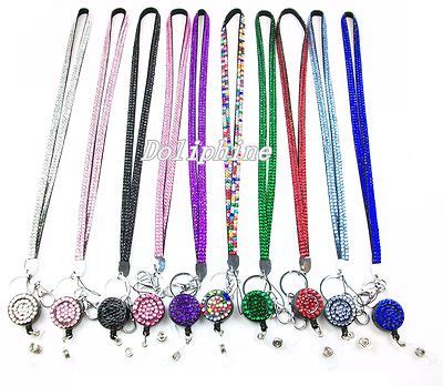 Multi Color Bling Rhinestone Lanyard With Retractable Reel For Id Badge