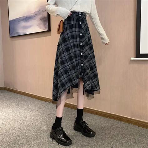 Women S Preppy Style High Waist A Line Plaid Skirt Fashion Autumn