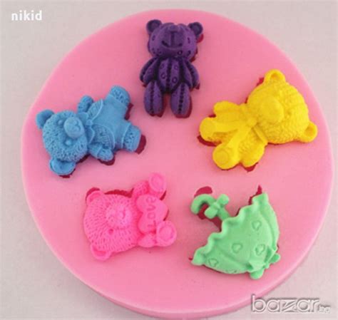 4 мечета мече с чадър силиконов молд калъп форма бонбон шоколад декорация торта глина сапун в