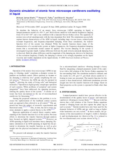 Pdf Dynamic Simulation Of Atomic Force Microscope Cantilevers Oscillating In Liquid