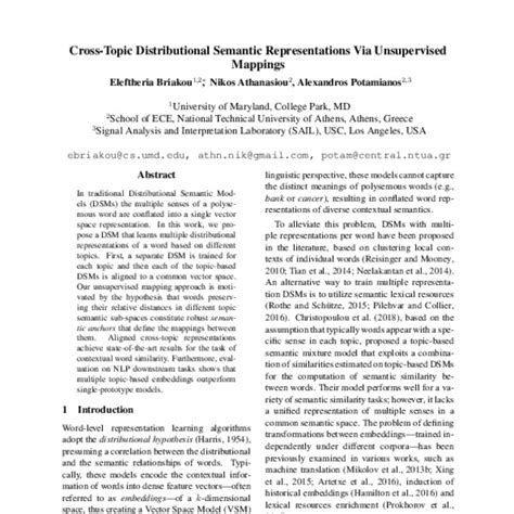 Cross Topic Distributional Semantic Representations Via Unsupervised