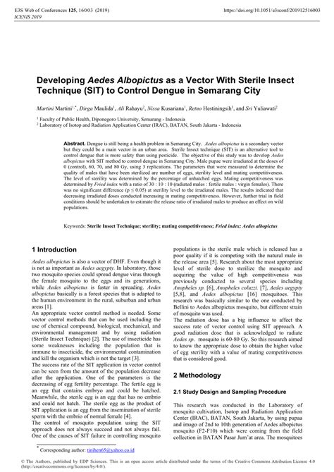 Pdf Developing Aedes Albopictus As A Vector With Sterile Insect