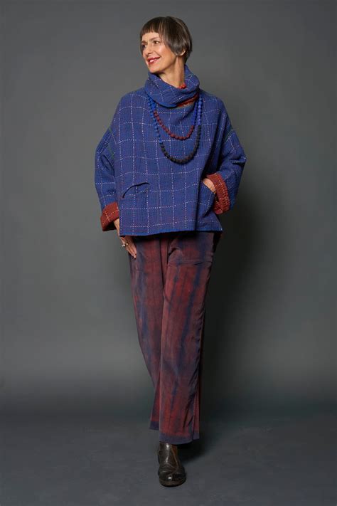Wool Waffle Kantha New Cowl Neck Poncho Ww3083 Blu Mieko Mintz Us