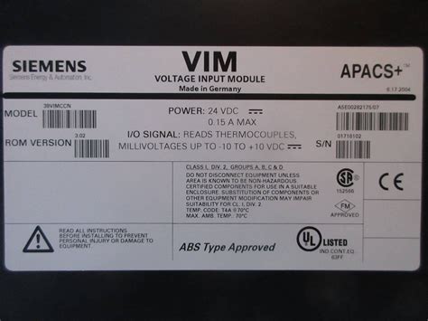 Siemens 39vimccn A5e0028217507 Apacs Vim Voltage Input Module Moore