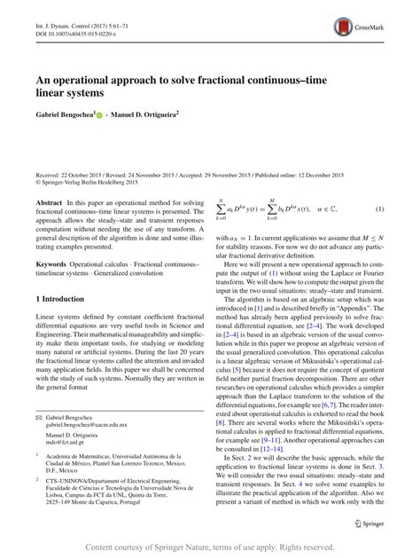 An Operational Approach To Solve Fractional Continuoustime Linear Systems Request Pdf