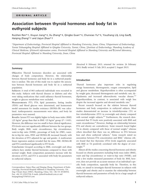 Pdf Association Between Thyroid Hormones And Body Fat In Euthyroid