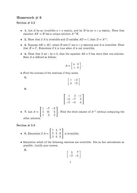 Hw6 Homework Assignment 6 Homework 6 Section 2 1 Let A Be An Invertible N N Matrix And Let
